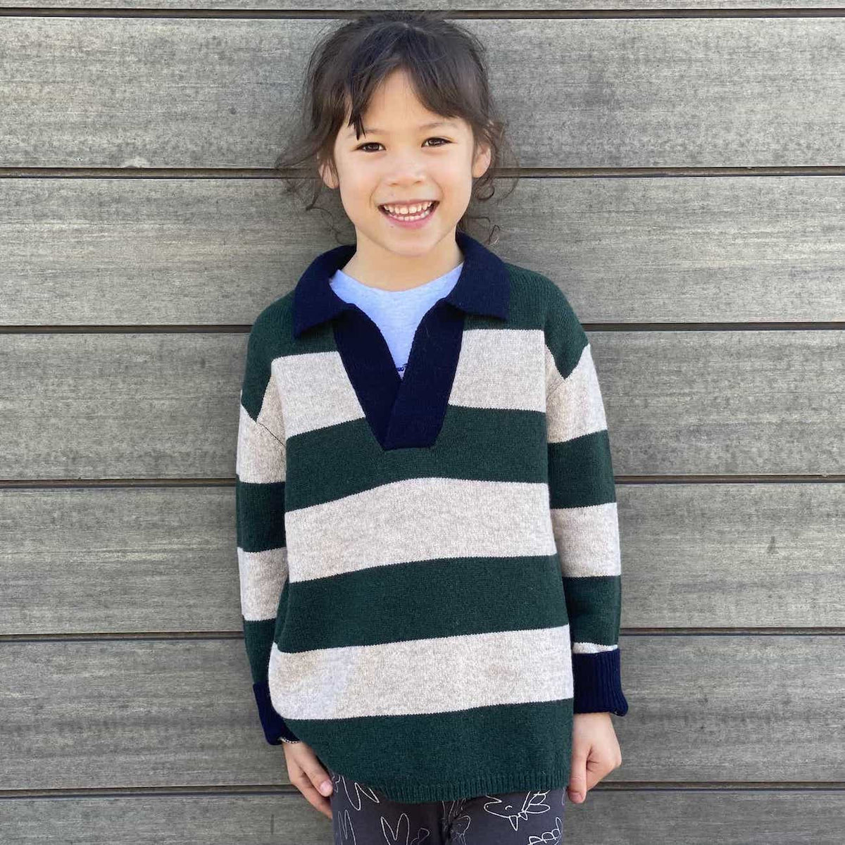 Kids Merino Wool Jumper: Arley Stripe in Forest Green – Atly Crew
